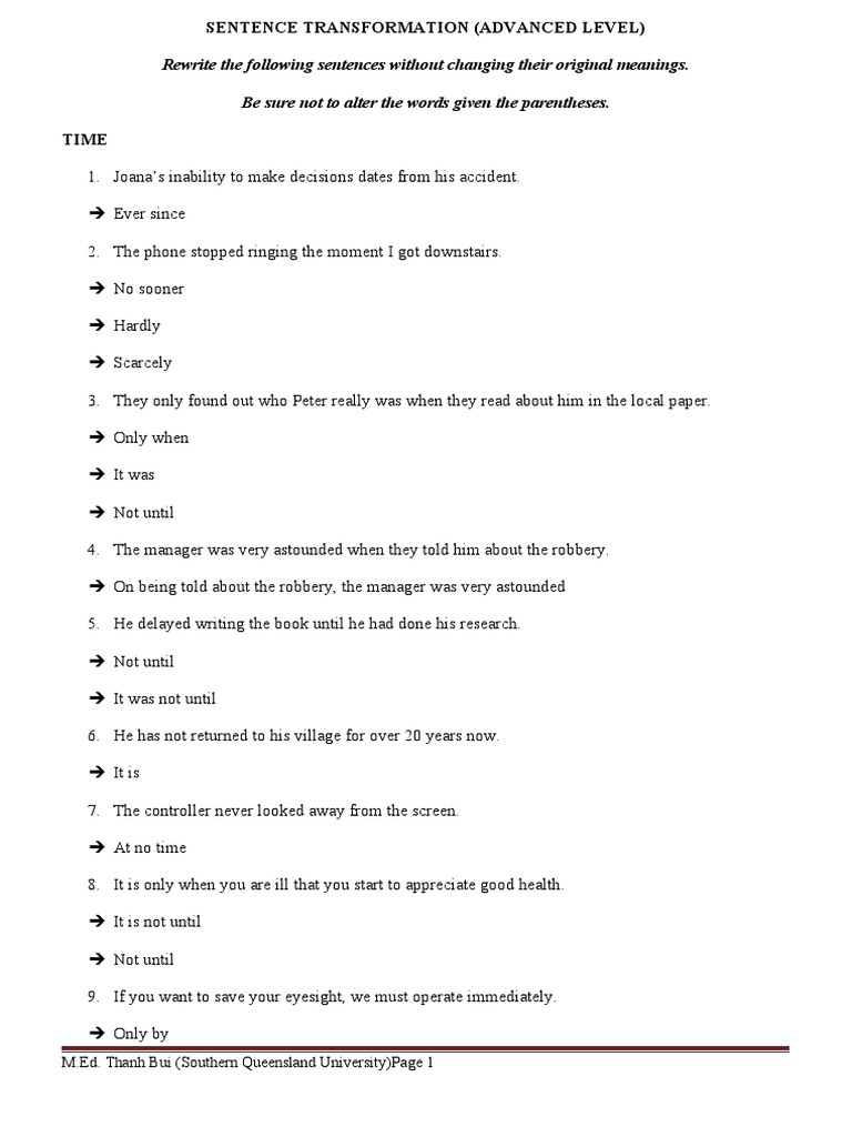 SENTENCE TRANSFORMATION - Advanced Level | PDF