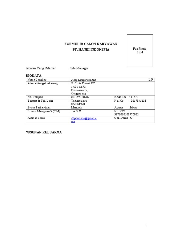 FORMULIR CALON KARYAWAN Asep | PDF