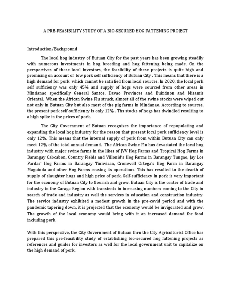 Pre-Feasibility Study On Bio Secured Hog Fattening Project in ABC | PDF