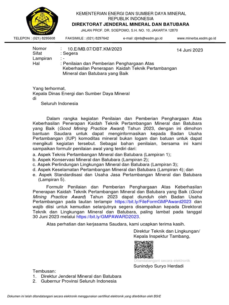 Surat DBT - Kadis ESDM Seluruh Indonesia - GMP Award 2023 | PDF