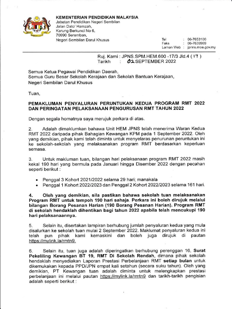 SURAT PEMAKLUMAN PENYALURAN PERUNTUKAN KEDUA RMT 2022 | PDF