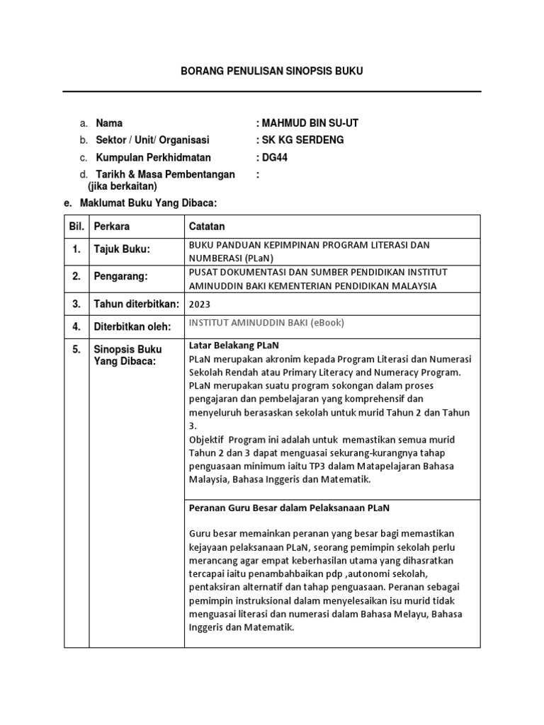 Borang Penulisan Sinopsis Buku Mahmud | PDF | Karier & Perkembangan | Kesehatan Holistik