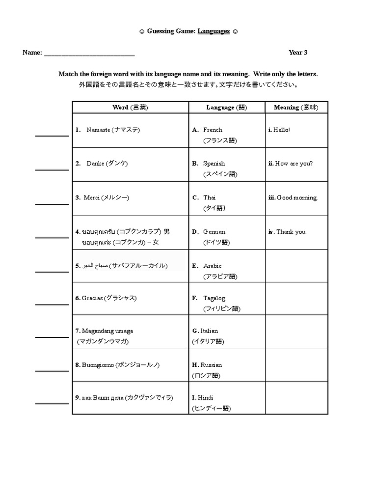 Guessing Game - Languages | PDF