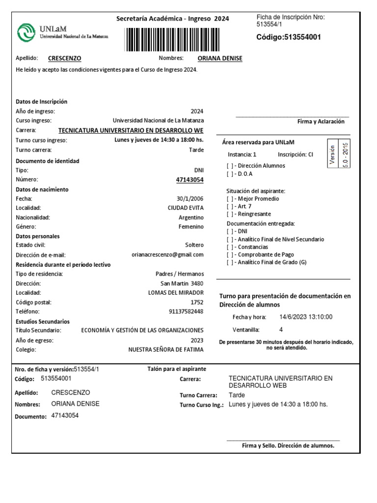 Formulario Unlam | PDF
