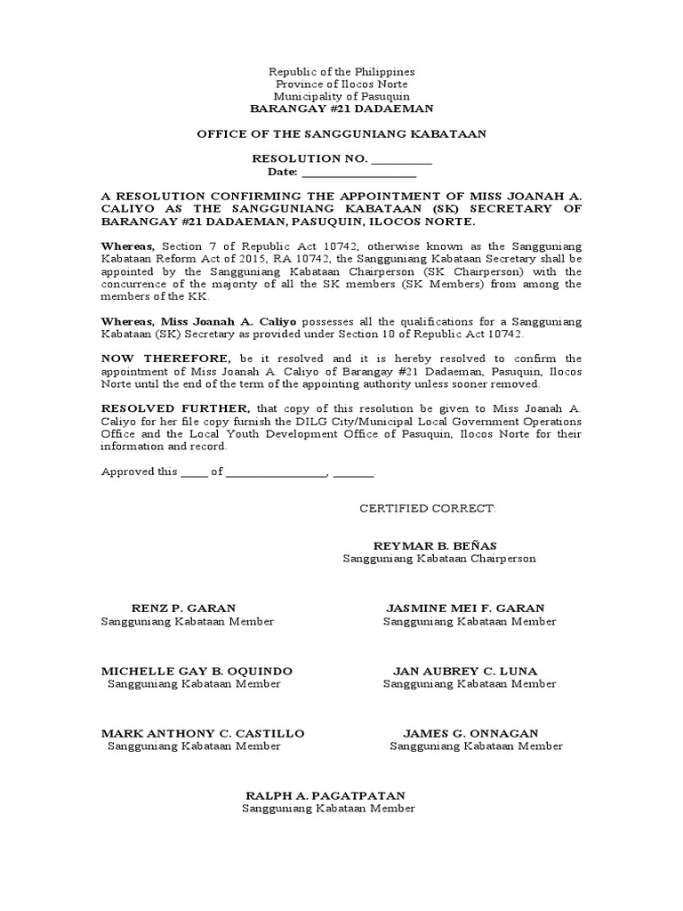 Resolution Appointing SK Sec and Treas | PDF