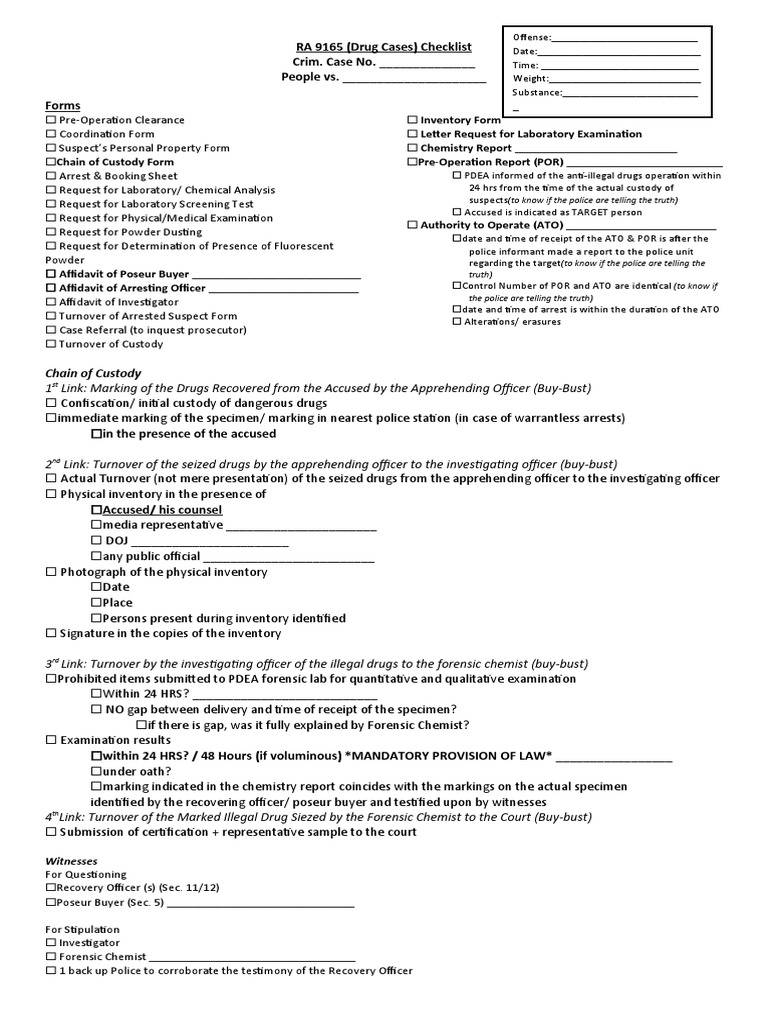 RA 9165 Checklist 111218 | PDF | Forensic Science | Law Enforcement