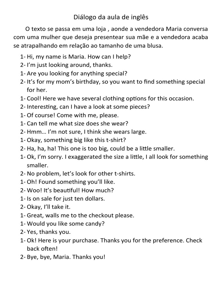 Diálogo da aula de inglês 2 | PDF