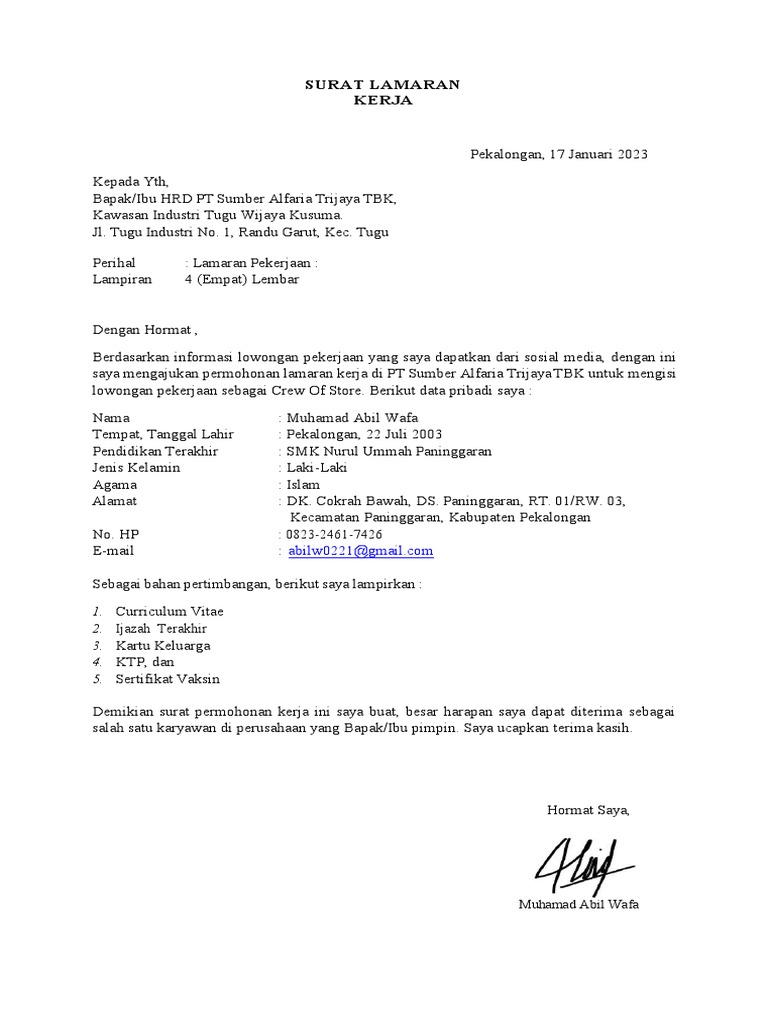 SURAT LAMARAN KERJA ABIL WAFA - Compressed | PDF