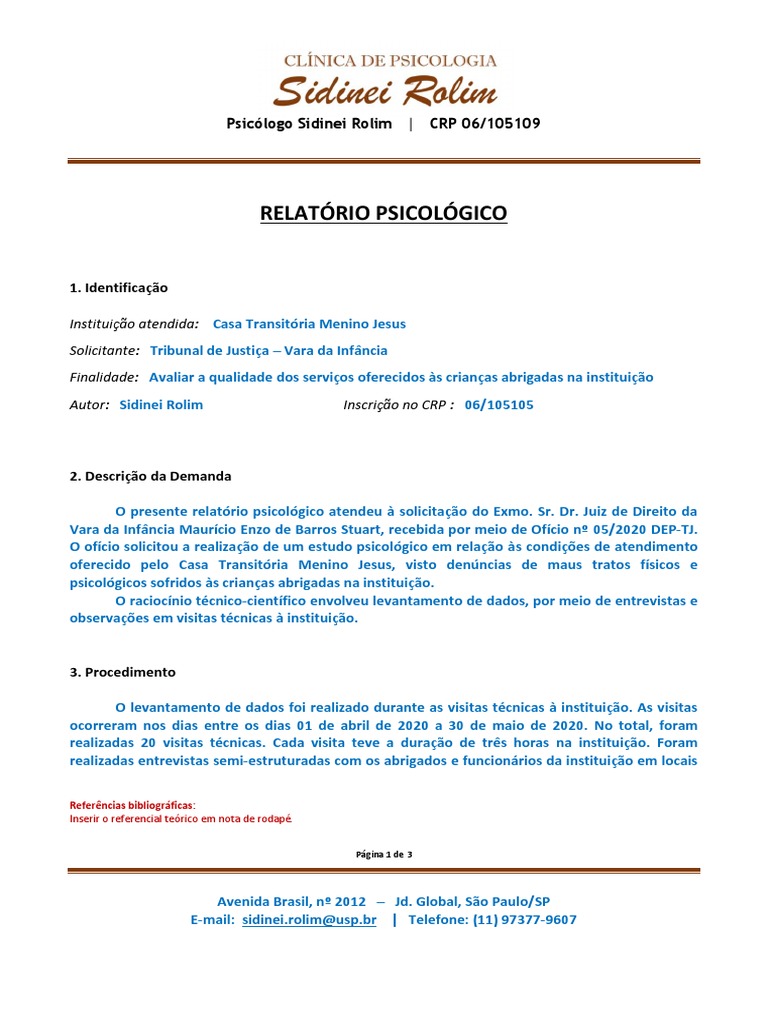 Kit Documentos Técnicos - Relatório Psicológico - Exemplo Do Modelo 01 ...
