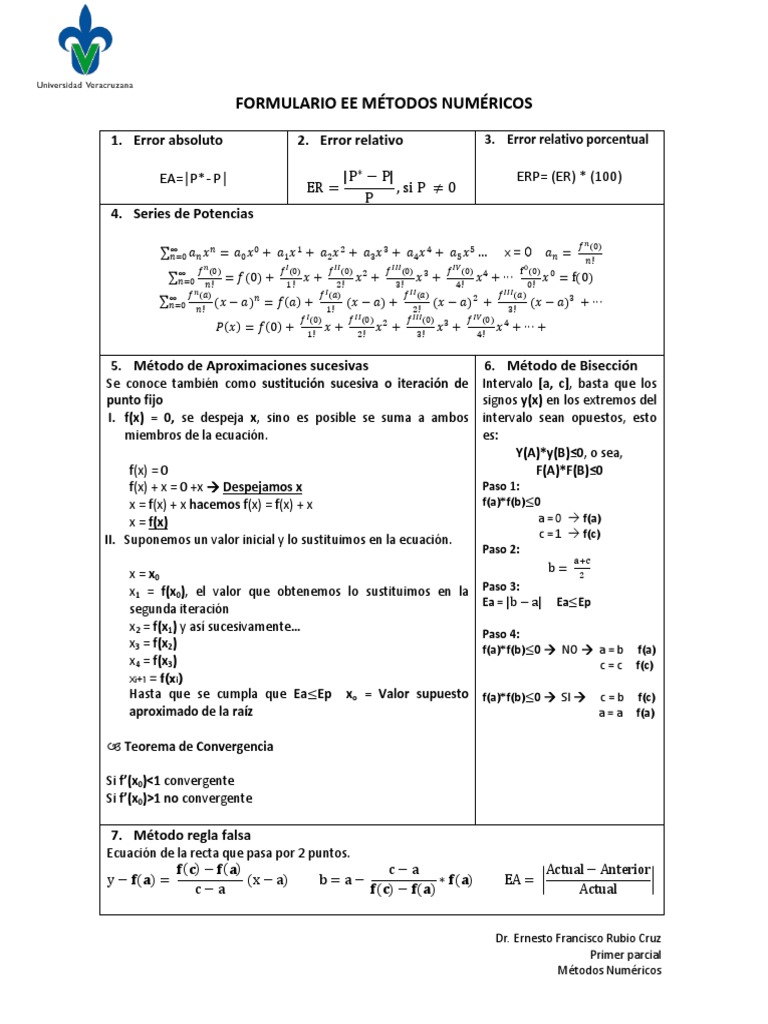 FORMULARIO EE MÉTODOS NUMÉRICOS (1er. Parcial) B | PDF | Análisis numérico | Ciencia computacional