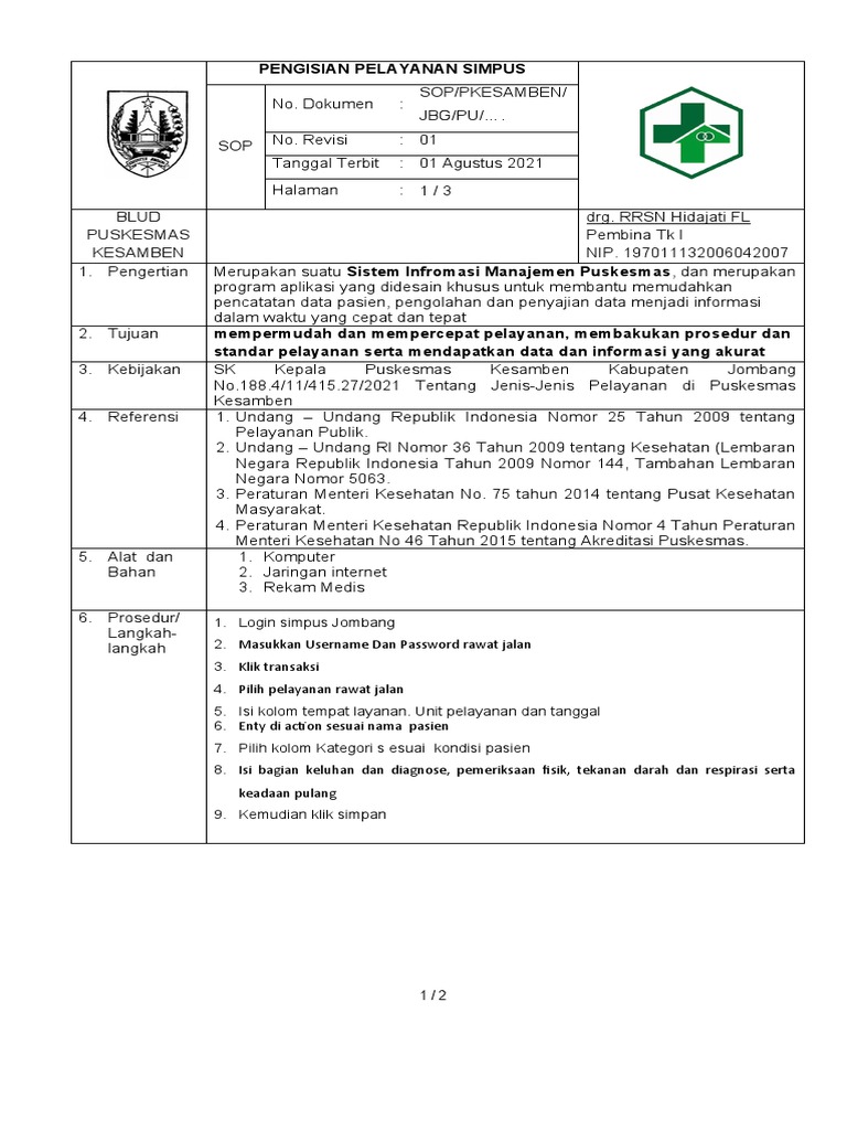 Sop Pengisian Pelayanan Simpus | PDF