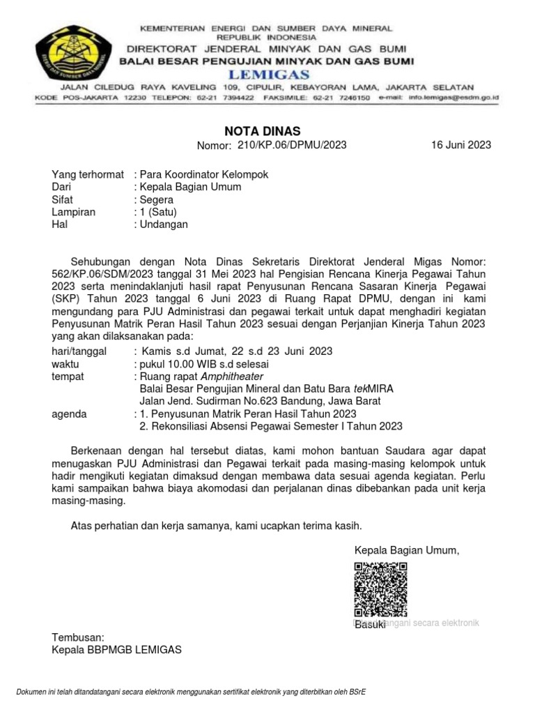 Nota Dinas Matrik Peran Hasil Rev | PDF