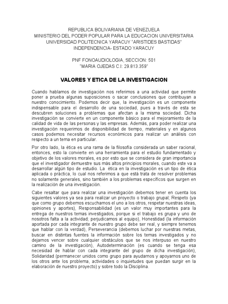 Valores y Etica de La Investigacion | PDF | Conocimiento