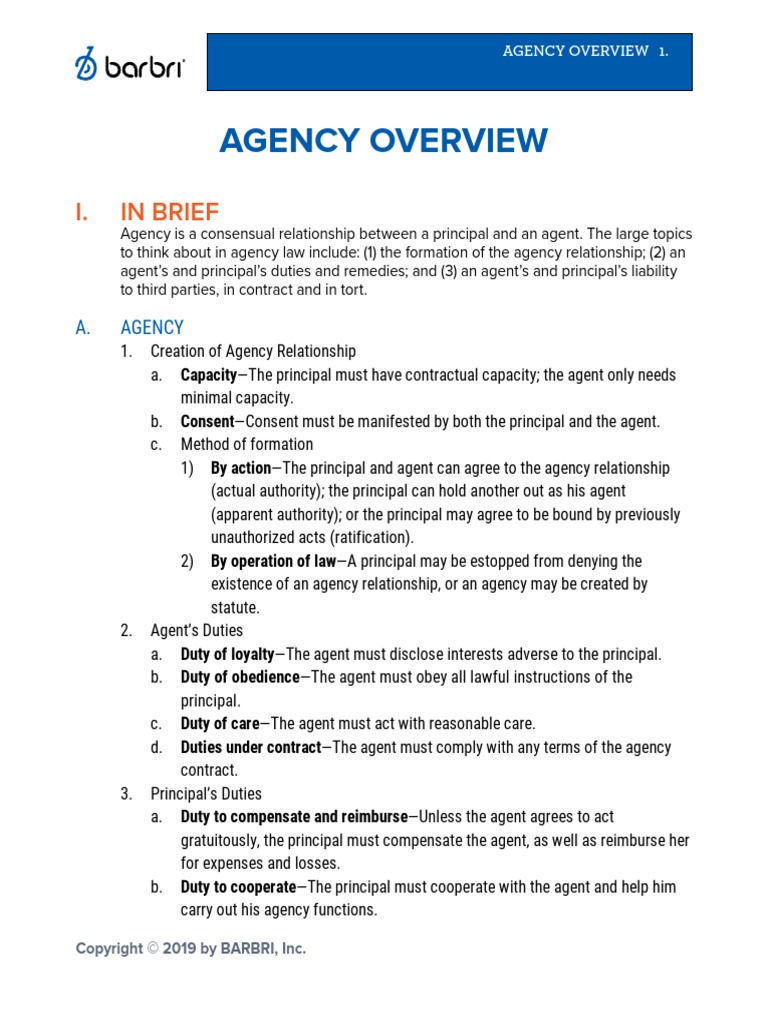 Agency Overview | PDF | Law Of Agency | Legal Liability