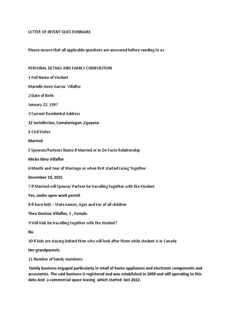 LETTER OF INTENT QUESTIONNAIRE new | PDF | Pharmacy | Pharmacist