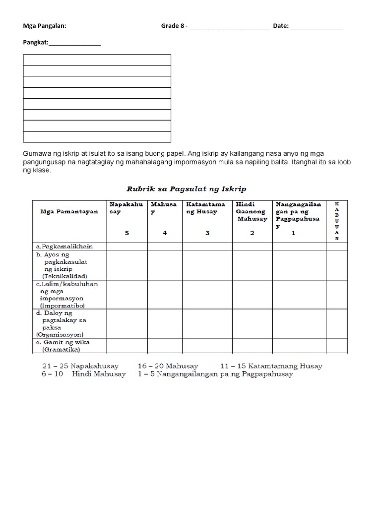 Rubriks Sa Pagsulat NG Iskrip | PDF