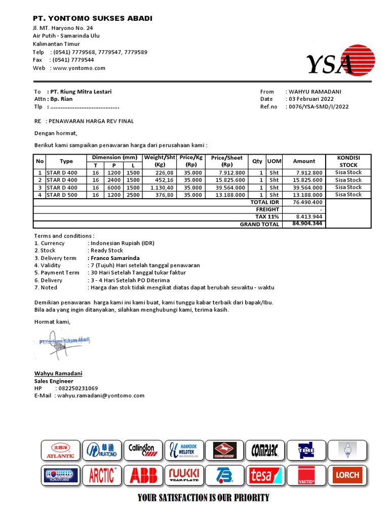 Penawaran Harga PT. Yontomo Sukses Abadi | PDF