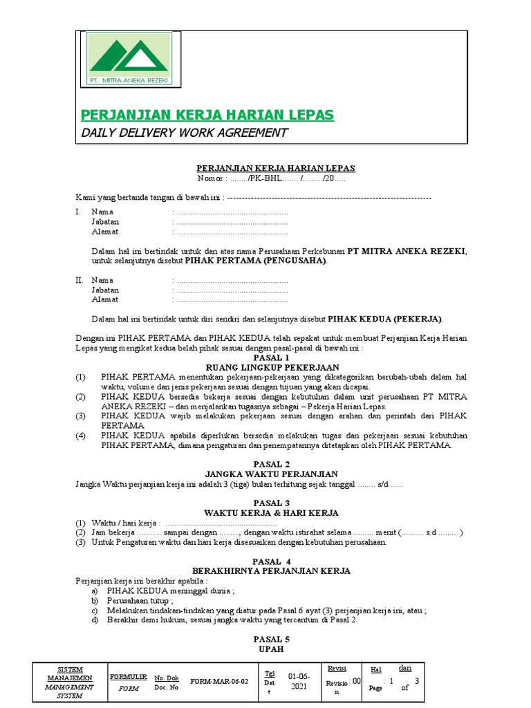 Form Surat Perjanjian Kerja Harian Lepas | PDF