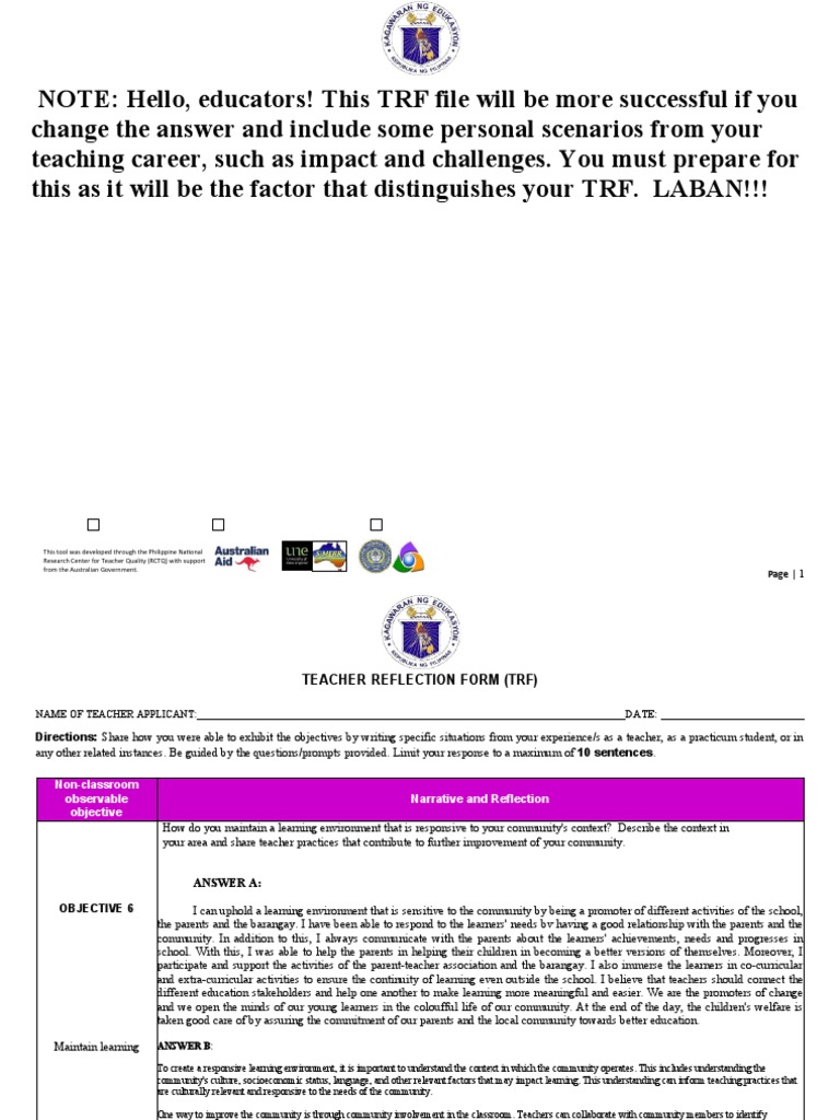 Teacher Reflection Form TRF | PDF | Teachers | Educational Assessment