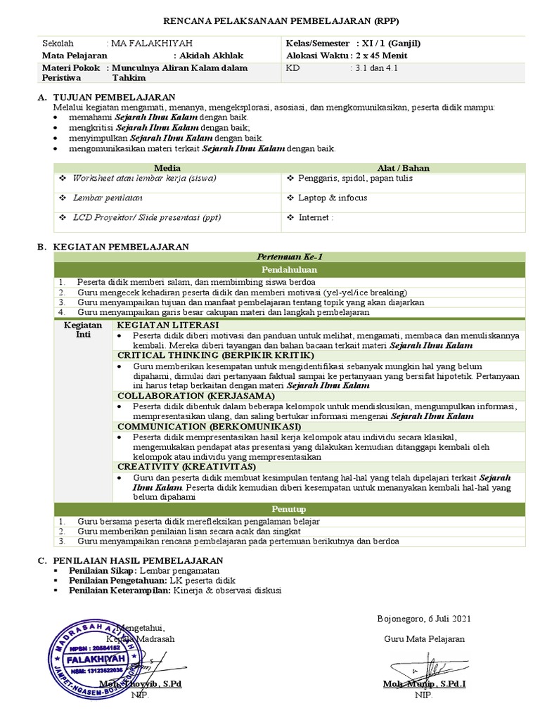 RPP I Akidah Akhlak Kelas 11 SEM 1 | PDF