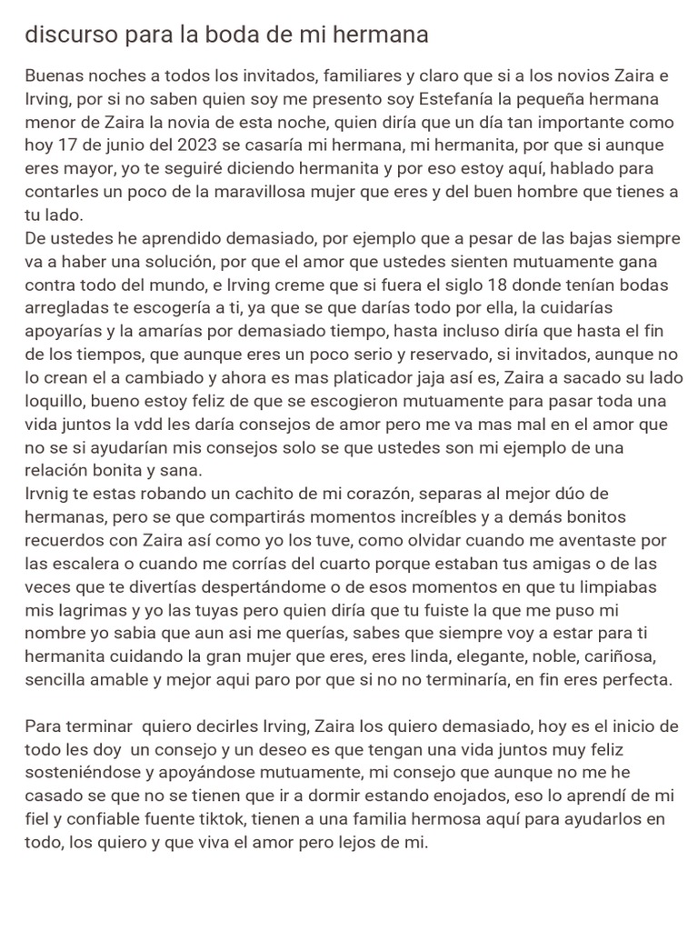 Discurso Para La Boda De Mi Hermana Pdf Amor