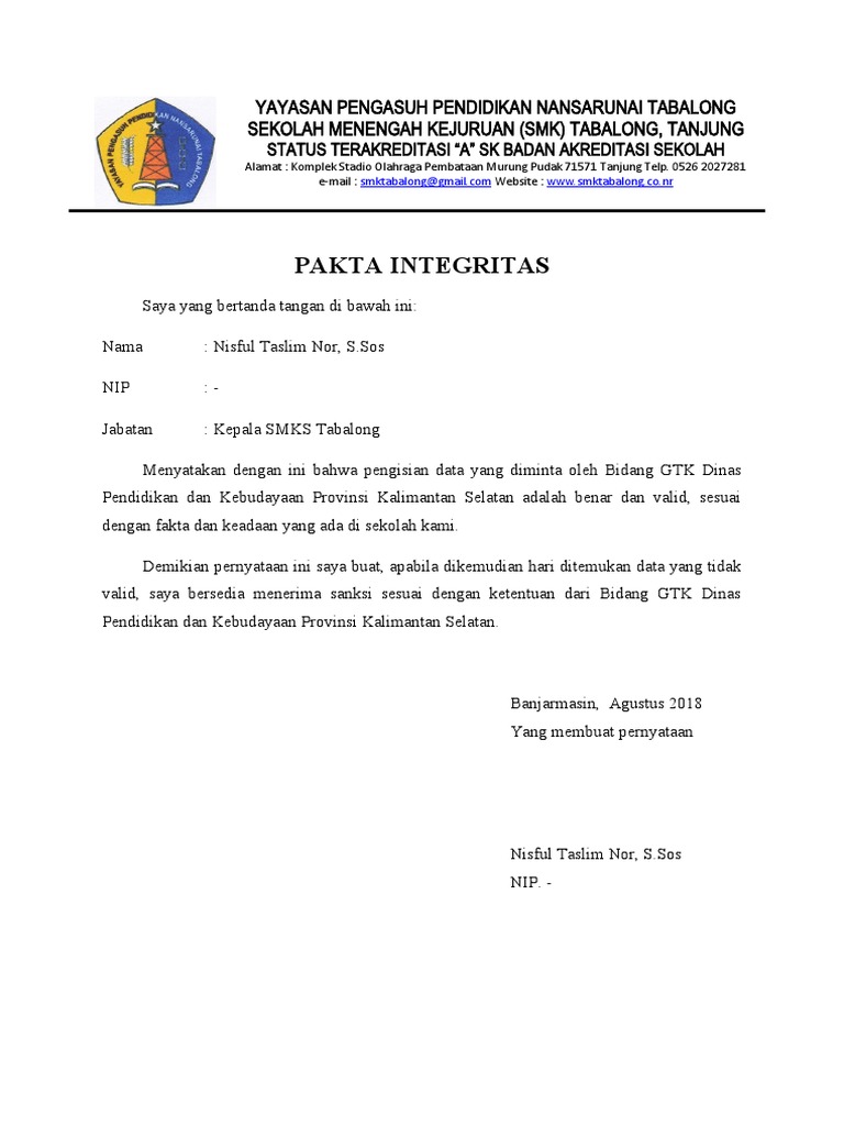 Pakta Integritas - SMK | PDF