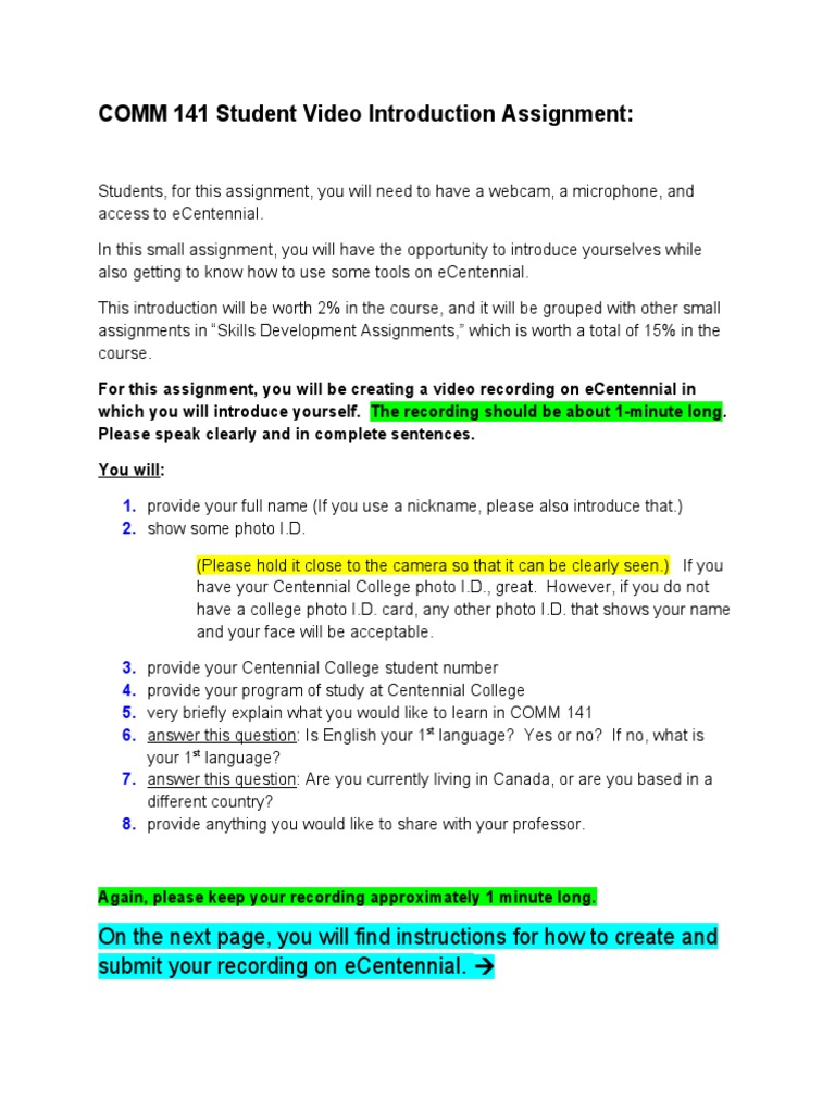 COMM 141 Student Video Introduction Assignment-S23 | PDF | Communication