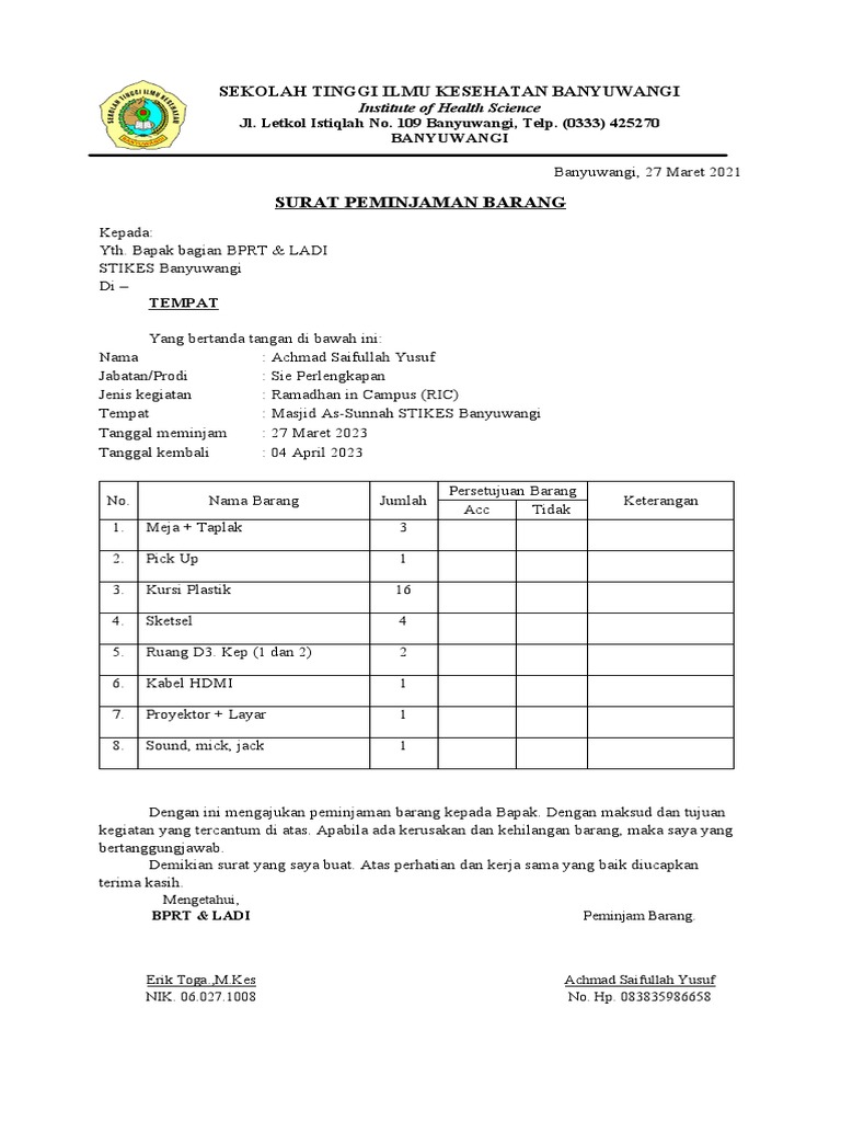 Surat Peminjaman Barang | PDF