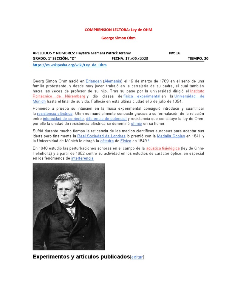 COMPRENSION LECTORA Ohm Primero D Haytara Mamani Patrick Jeremy | PDF ...