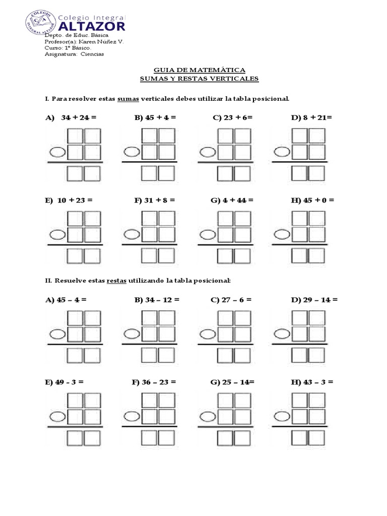 Sumas y Restas Con Tabla Posicional | PDF