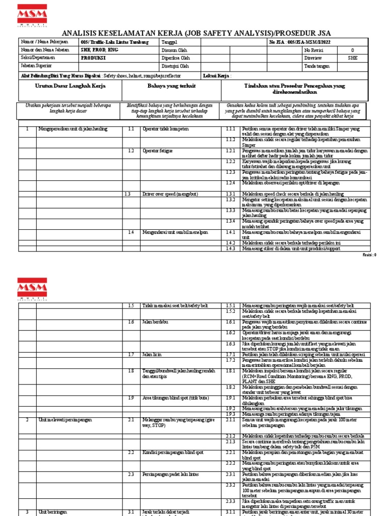 JSA Traffic-Lalu Lintas Tambang | PDF
