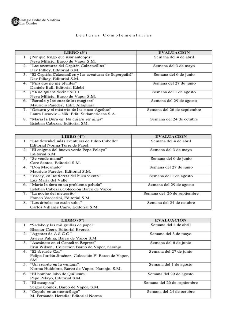 Lecturas Complementarias 2016 EB CPV Las Condes | PDF