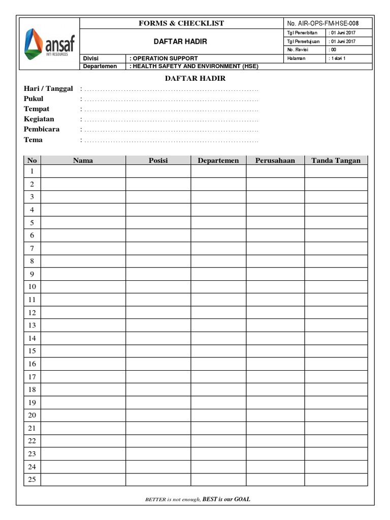 Air-Ops-Fm-Hse-008 Daftar Hadir Meeting | PDF
