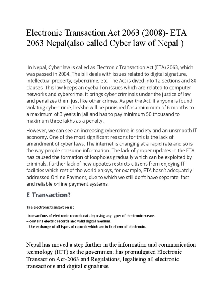 Electronic Transaction Act 2063 | PDF