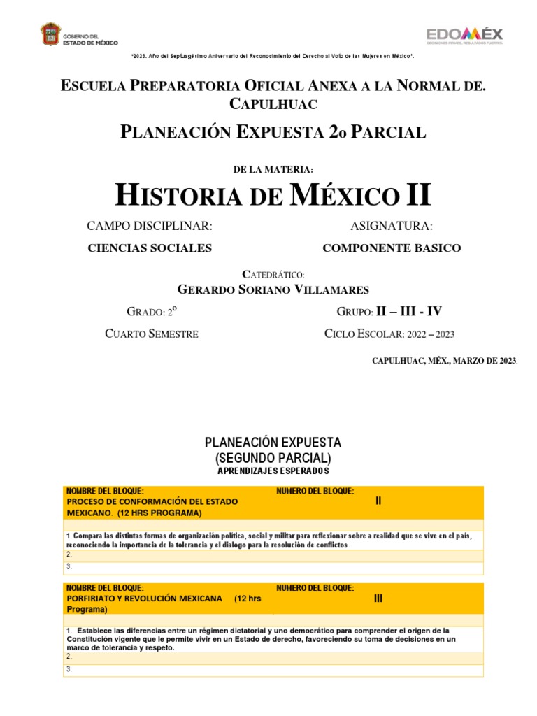 2o Parc Marzo HIST MEX II Planeación Expuesta EPOANC Profr GSV | PDF ...