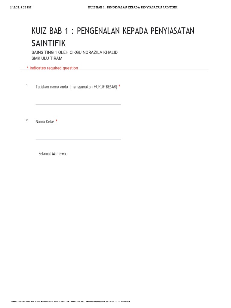 Kuiz Bab 1 - Pengenalan Kepada Penyiasatan Saintifik - Google Forms | PDF