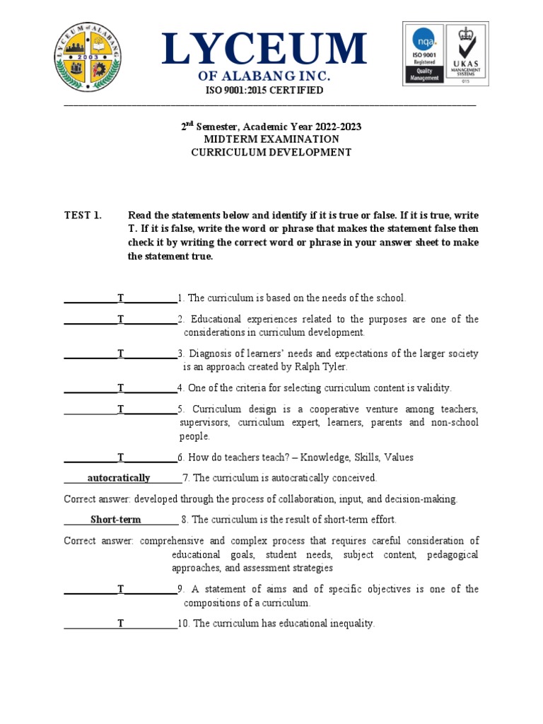 Curriculum Development Midterm Exam | PDF | Curriculum | Teachers