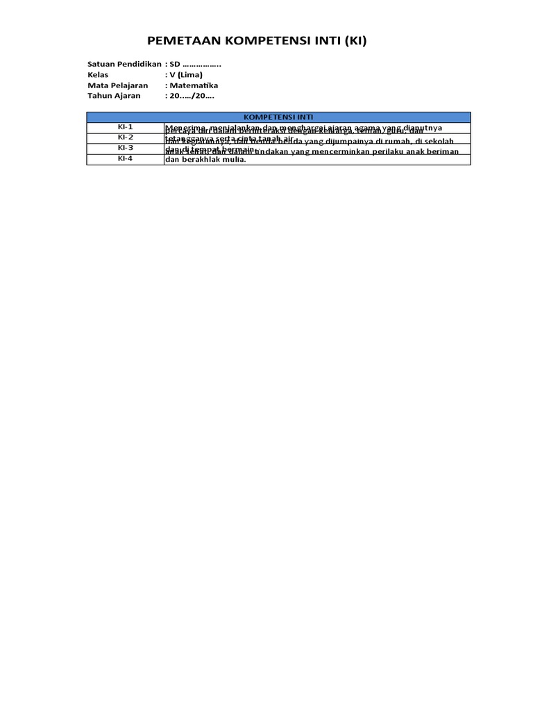 Pemetaan KD Matematika Kelas 5 Kurikulum 2013 Revisi | PDF