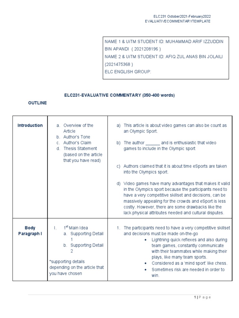 Evaluative Commentary Practice Outline | PDF