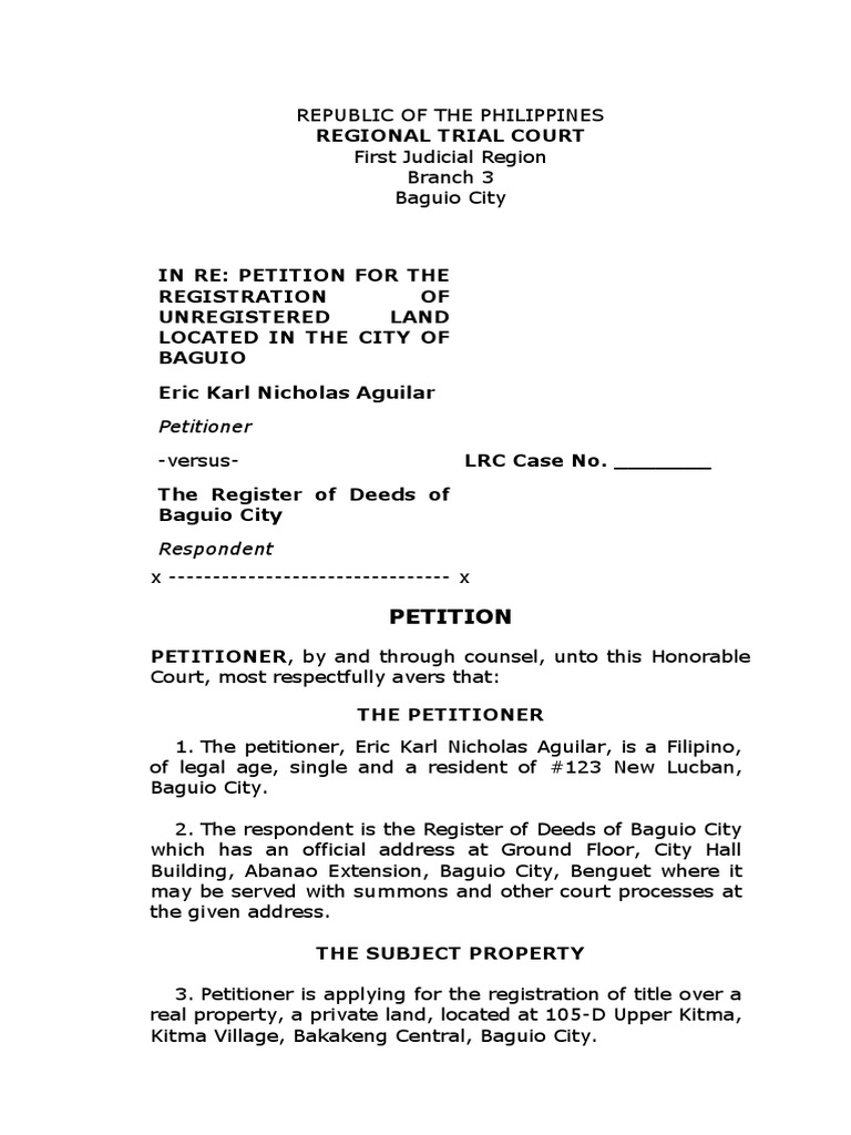 Petition For Registration of Unregistered Land | PDF | Deed | Affidavit