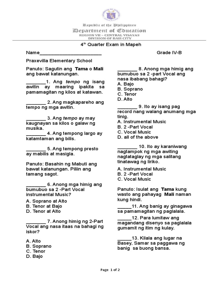 4th Quarter Exam Mapeh | PDF