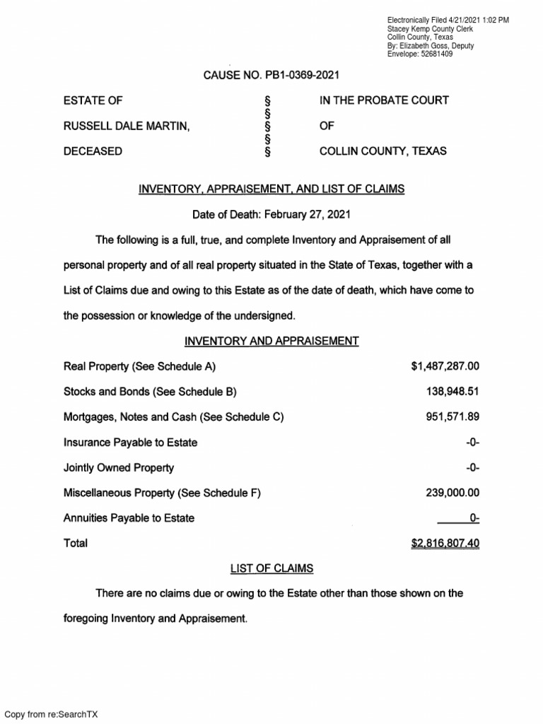 RM Inventory, Appraisement and List of Claims | PDF
