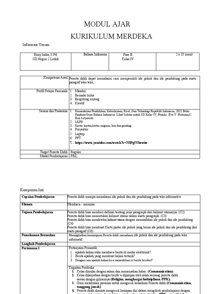 Modul Ajar PJBL Kelas 4 Bahasa Indonesia | PDF | Karier & Perkembangan ...