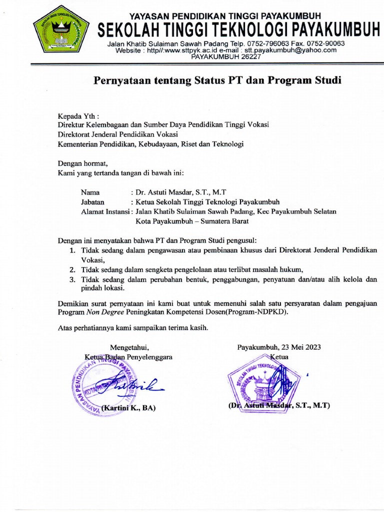FP-03 Surat Pernyataan PT Dan Prodi Tidak Dalam Binaan | PDF