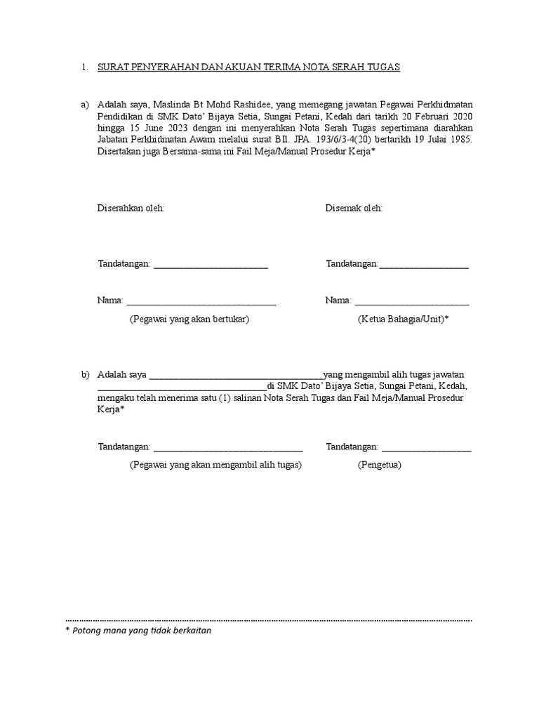 Surat Penyerahan Dan Akuan Terima Nota Serah Tugas1 | PDF