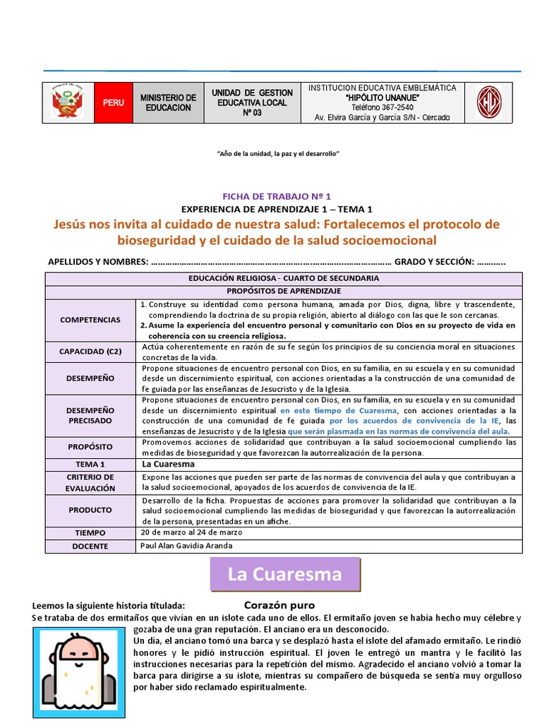 Ficha #1.4to - EdA 1.tema 1.HU.2023 (La Cuaresma) | Descargar gratis PDF | Oración | Jesús