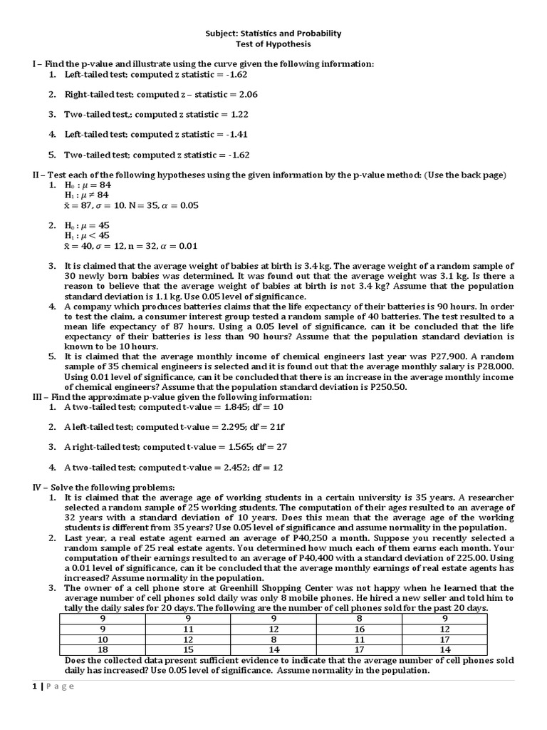 Worksheet Tests of Hypothesis | PDF | P Value | Statistical Significance