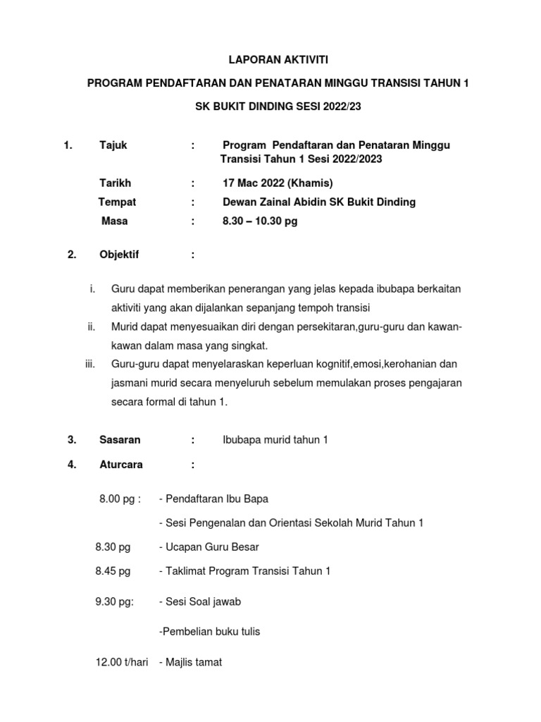 Laporan Program Transisi Tahun 1 2023 | PDF