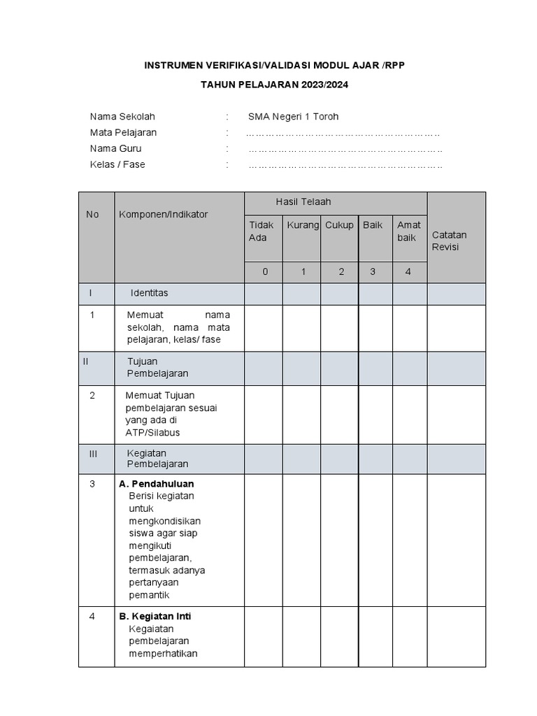 Instrumen Verifikasi Modul Ajar-Rpp 23-24 | PDF