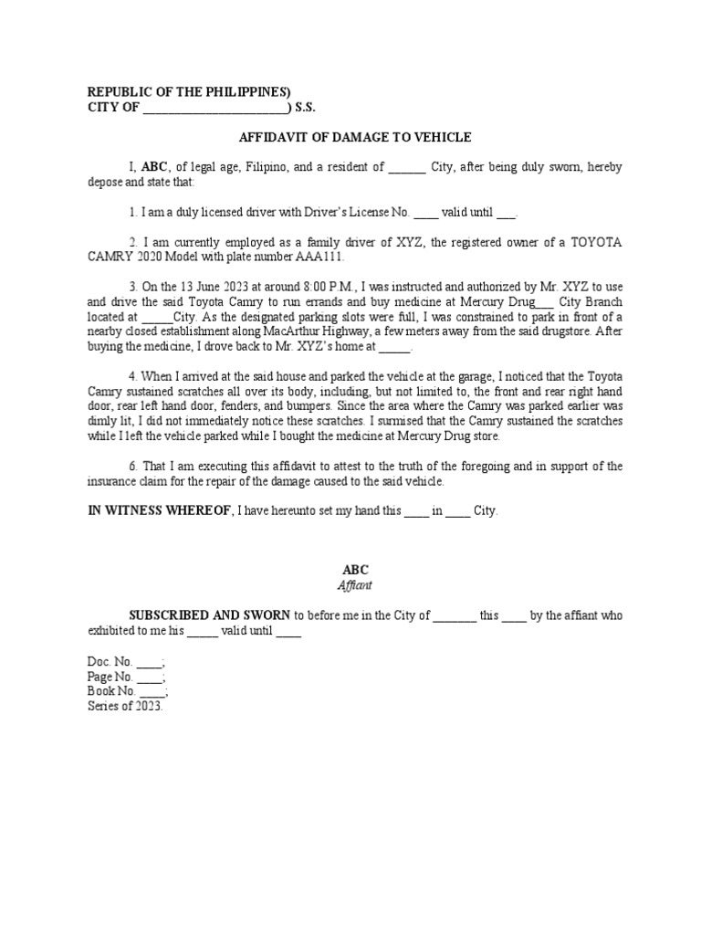 Affidavit of damage to vehicle | PDF